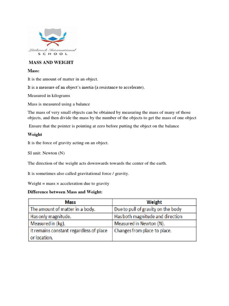 Mass and Weight | PDF | Force | Weight
