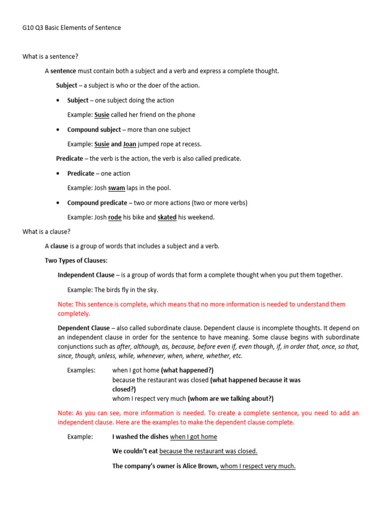 G10 Q3L5 Basic Elements or Types of Sentence | PDF | Subject (Grammar) | Sentence (Linguistics)