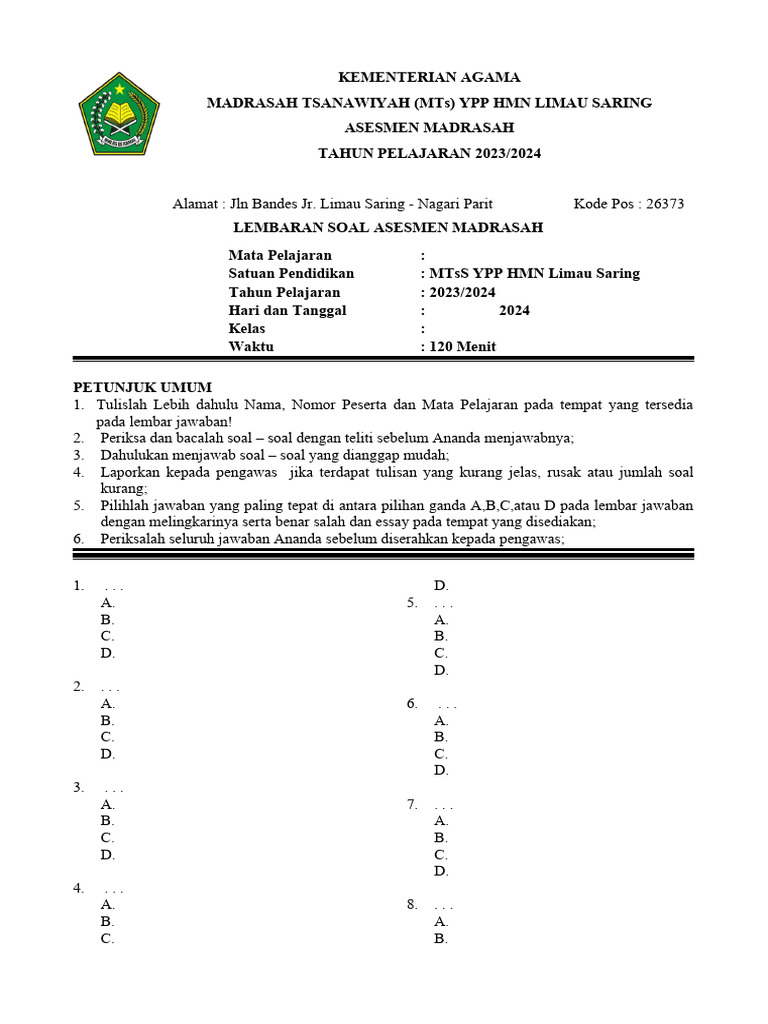 Kop Soal Asesmen Madrasah MTS HMN Limau Saring | PDF