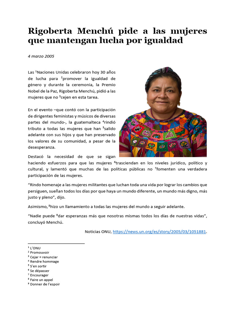 Rigoberta Menchú pide a mujeres que mantengan lucha por igualdad | PDF