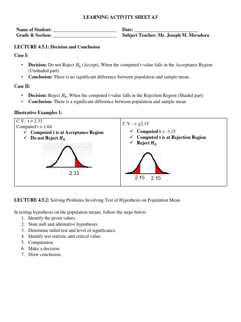 Learning Activity Sheet 4.5 | PDF | Null Hypothesis | Statistical ...