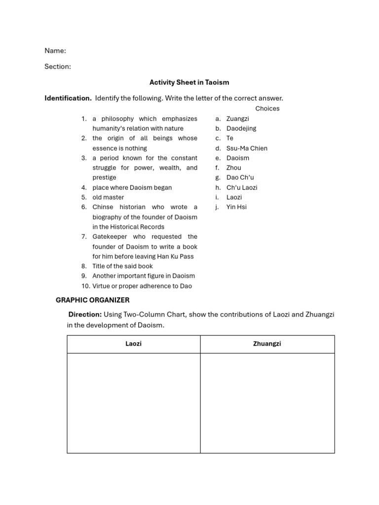 Activity Sheet Taoism and Shintoism | PDF | Shinto | East Asian Religions