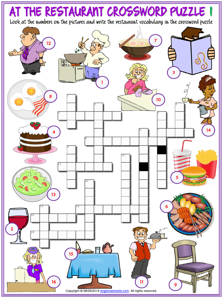 Restaurant Vocabulary Esl Crossword Puzzle Worksheets For Kids ...