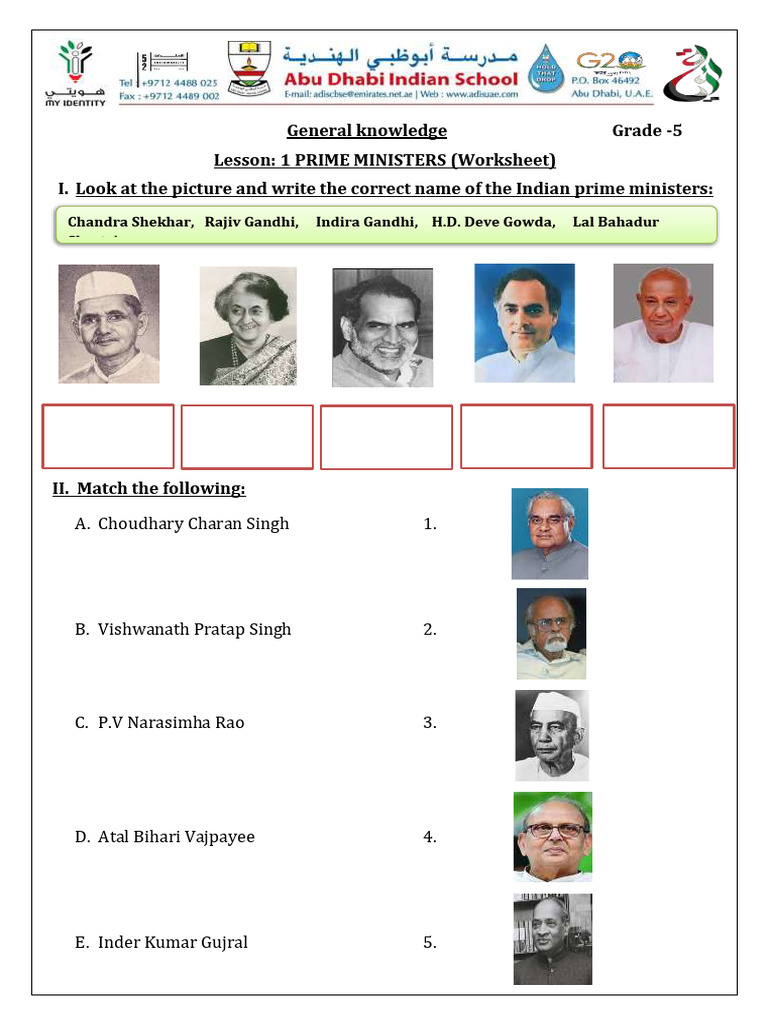 Grade 5 GK - Lesson 1 PRIME MINISTERS Worksheet | PDF