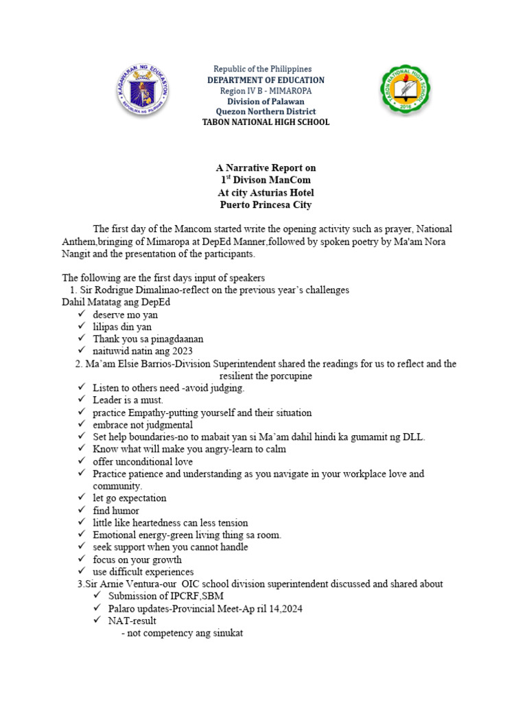 Narrative Report For Mancom | PDF | Career & Growth | Self-Improvement