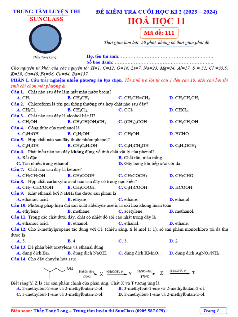 ĐỀ THI HK2 - HOÁ 11 - CẤU TRÚC 2025 | PDF