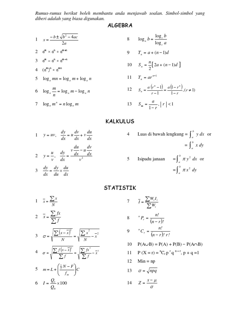 SPM Matematik Tambahan m3t Senarai Rumus | PDF