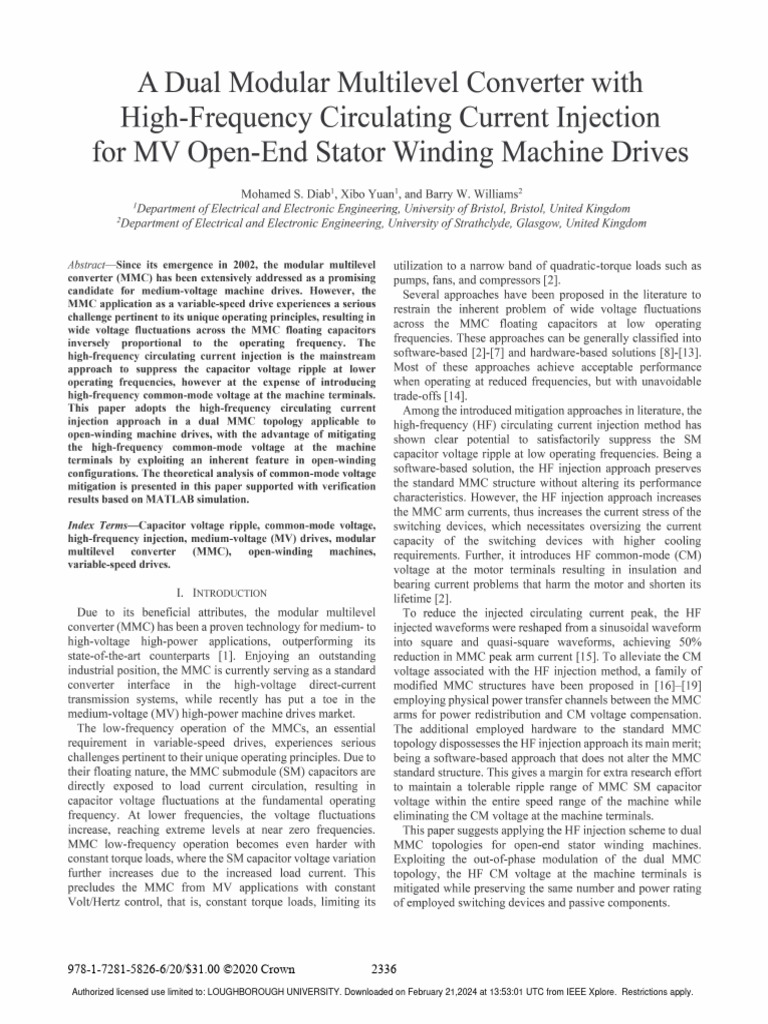 A Dual Modular Multilevel Converter With High Frequency Circulating Current Injection For Mv