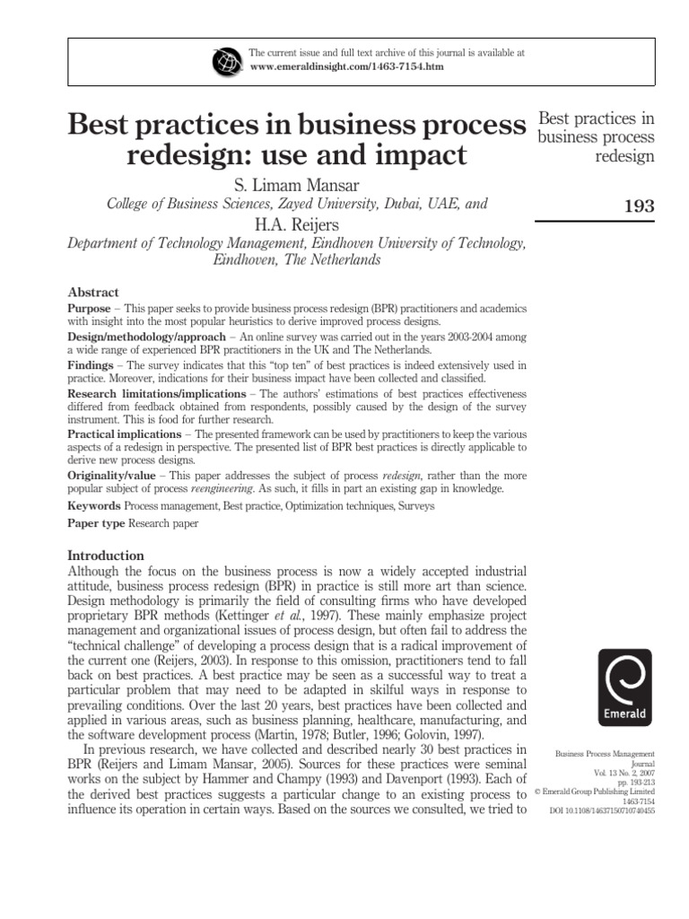 Best Practices in Business Process Redesign - Use and Impact | PDF ...