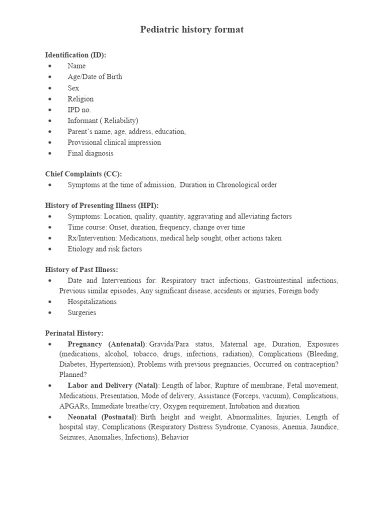 Pediatric Histotry Format | PDF | Childbirth | Prenatal Development