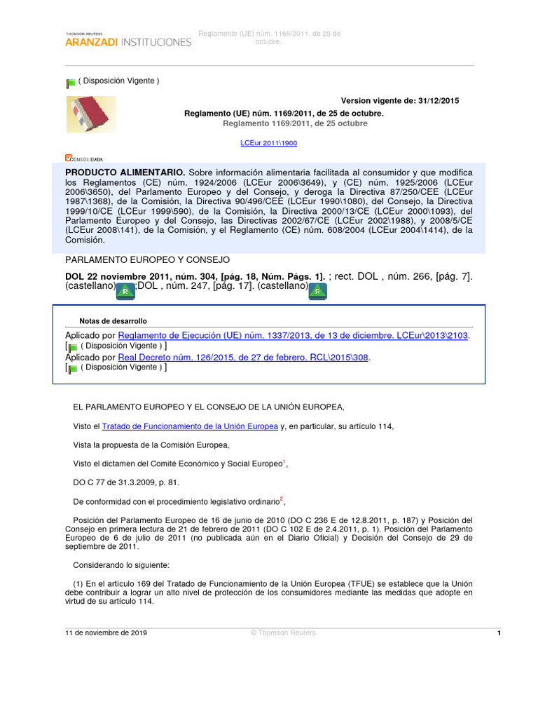 Leg - Reglamento (UE) Num. 1169-2011, de 25 Octubre - LCEur - 2011 - 1900 | PDF | Etiqueta de ...