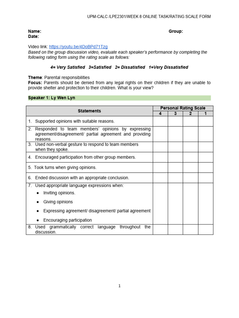 Lpe2301 Week 8 GD Rating Scale Form For Online Task | Download Free PDF ...