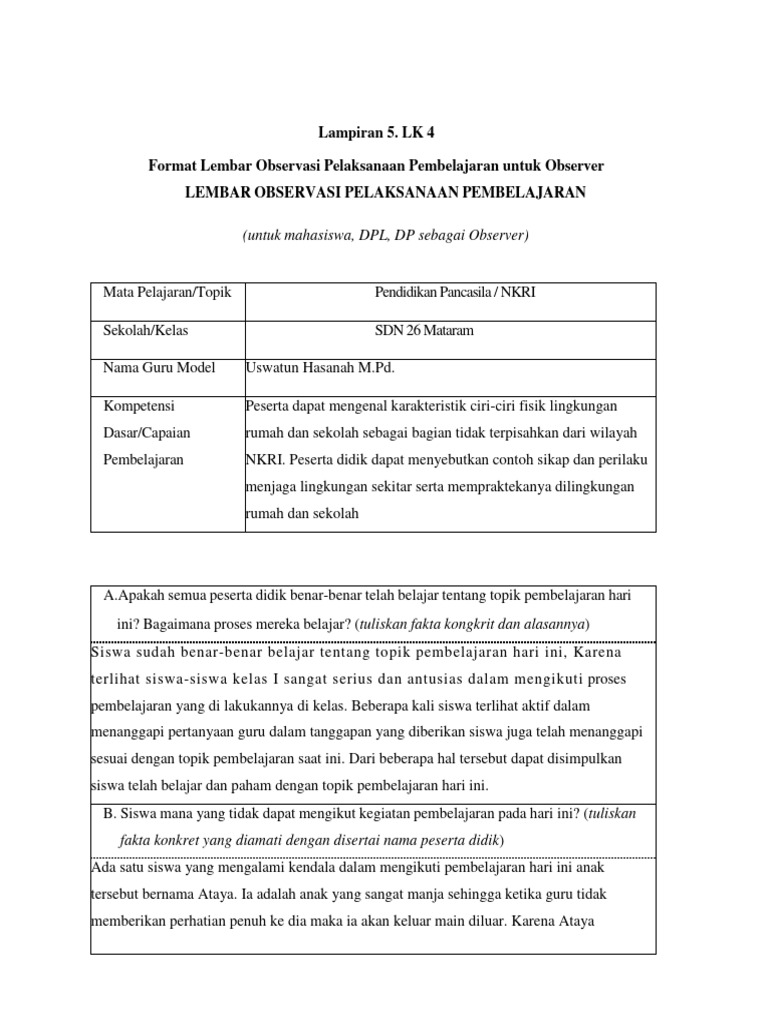 Lampiran 5. LK 4 Format Lembar Observasi Pelaksanaan Pembelajaran Untuk Observer - Kelas 1 | PDF ...