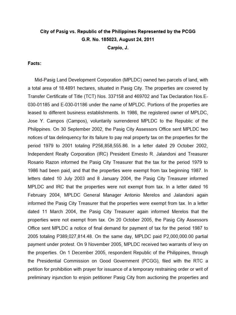 City of Pasig Vs Republic | PDF | Property Tax | Taxes