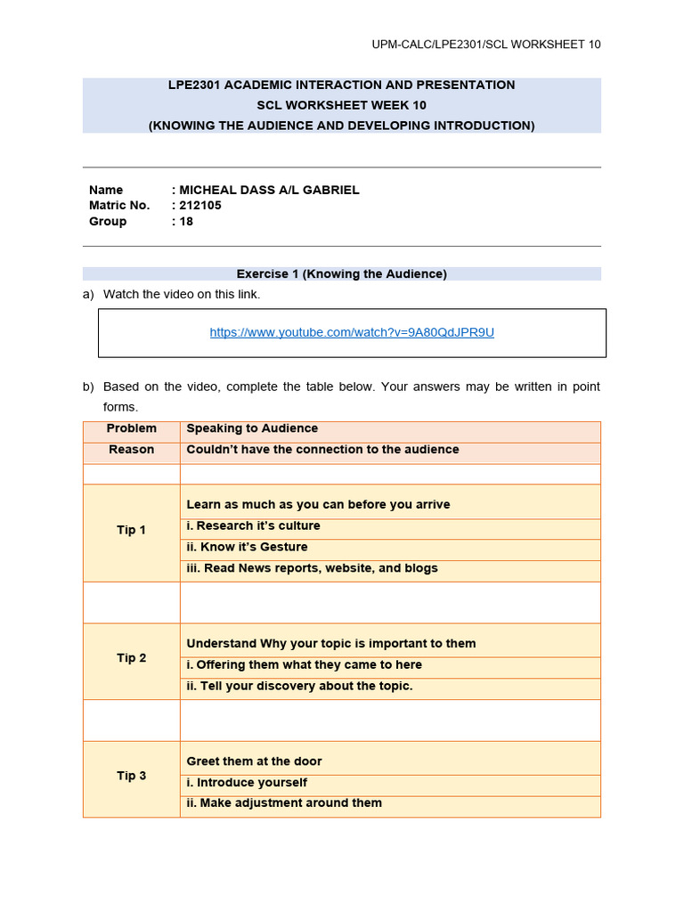 Audience Engagement Tips Worksheet | PDF | Human Communication