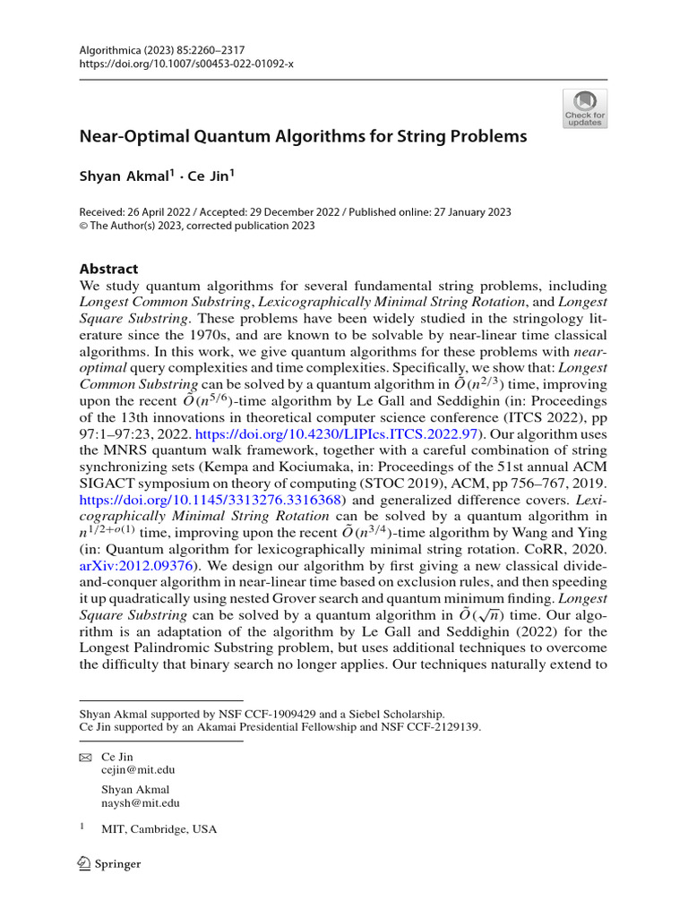 Near-Optimal Quantum Algorithms For String Problems | PDF | Quantum Computing | Time Complexity
