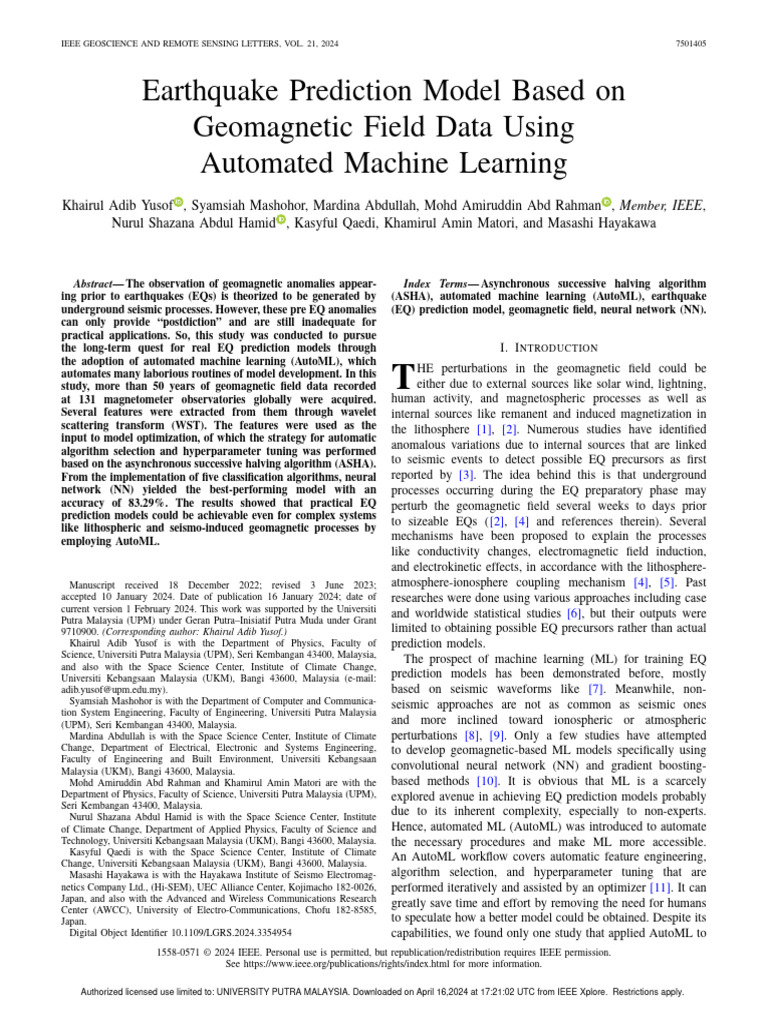 Earthquake Prediction Model Based On Geomagnetic Field Data Using Automated Machine Learning