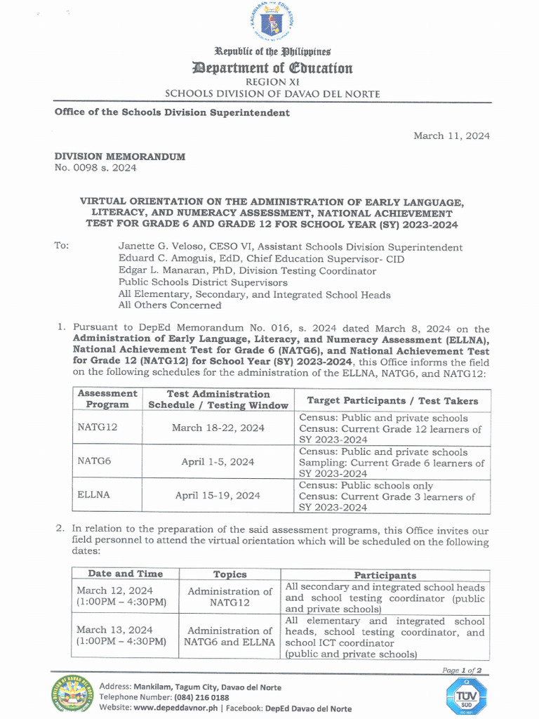 DM 0098 S. 2024 Virtual Orientation On The Administration of Early ...