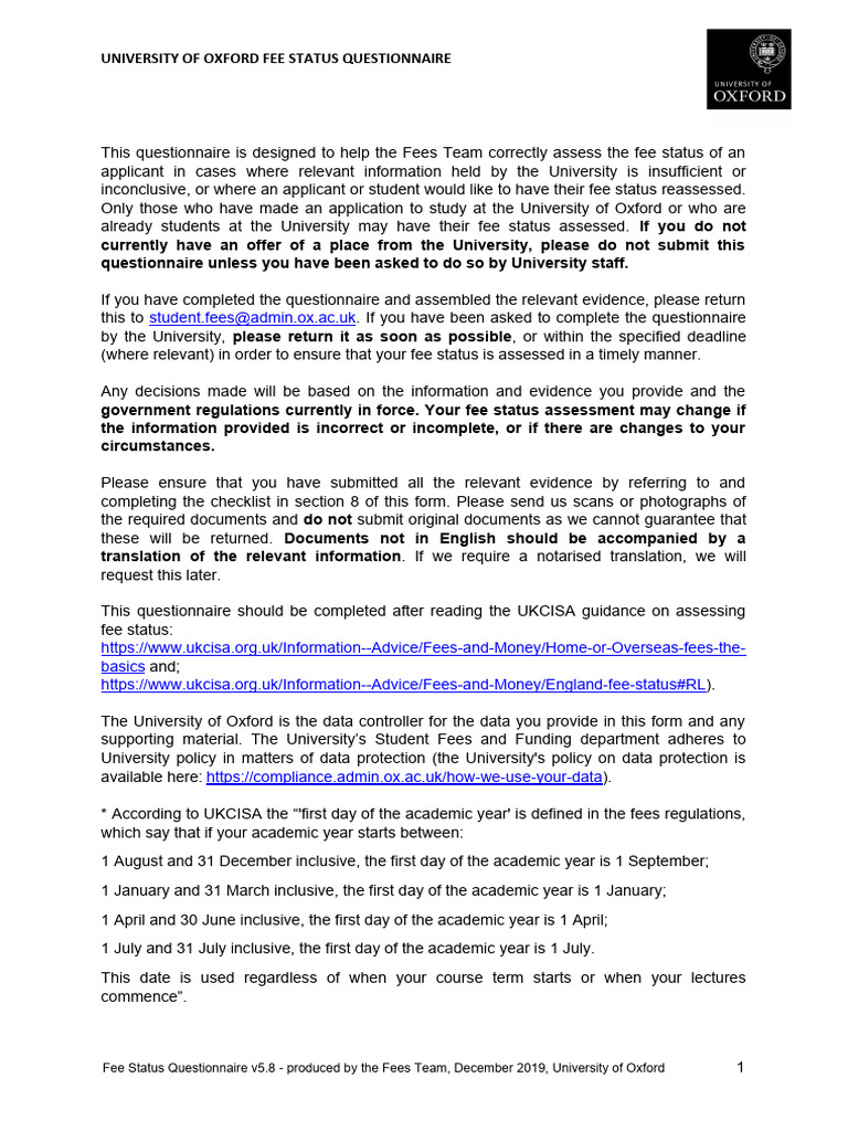 Oxford Fee Status Questionnaire Guide | PDF | Passport | International Law
