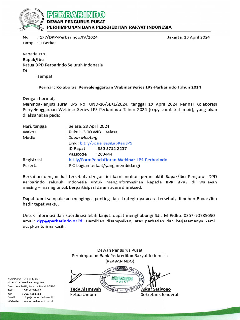 SURAT Und Webinar Perbarindo Seluruh Indonesia | PDF
