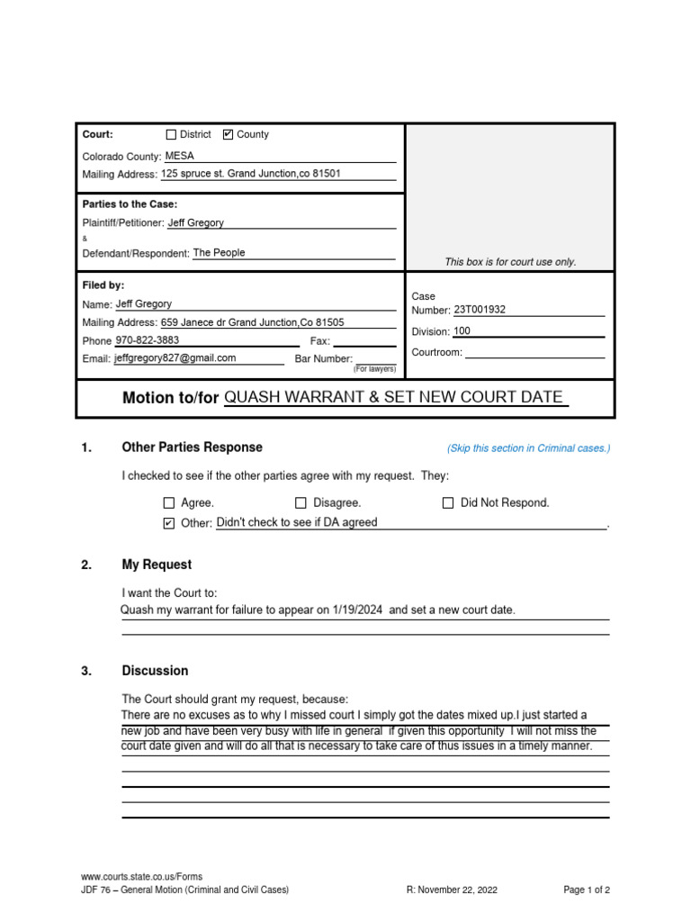 Quash Warrant Motion - JDF 76 Form | PDF | Lawsuit | Justice