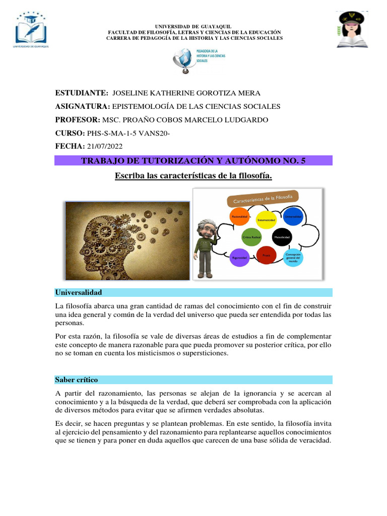 Características de La Filosofía 5 Joseline Gorotiza Mera | PDF | Verdad | Conocimiento