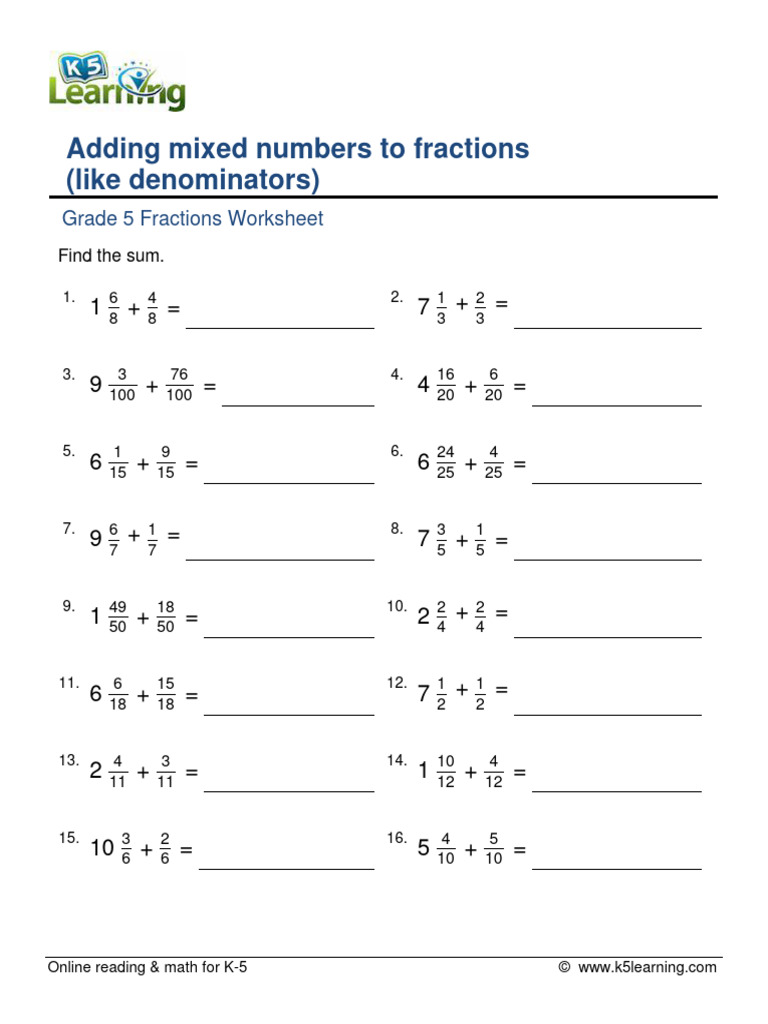 Grade 5 Adding Mixed Numbers Fractions Like Denominators F | PDF ...