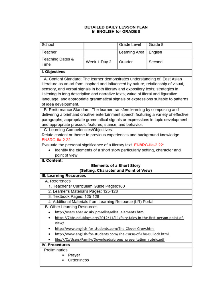 Detailed Daily Lesson Plan in English Fo | PDF | Lesson Plan | Learning