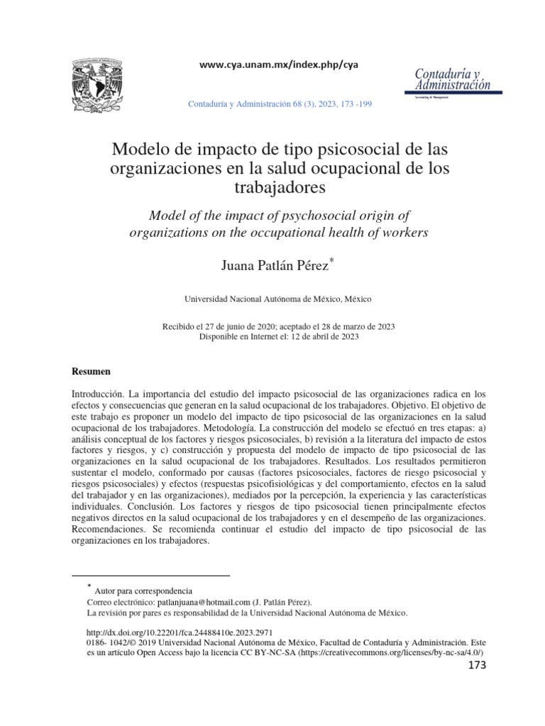 Modelo de Impacto de Tipo Psicosocial de Las Organizaciones en La Salud Ocupacional de Los ...