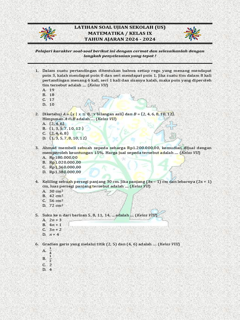 Latihan Soal Matematika - Ujian Sekolah Kelas Ix TP 2023-2024 | PDF