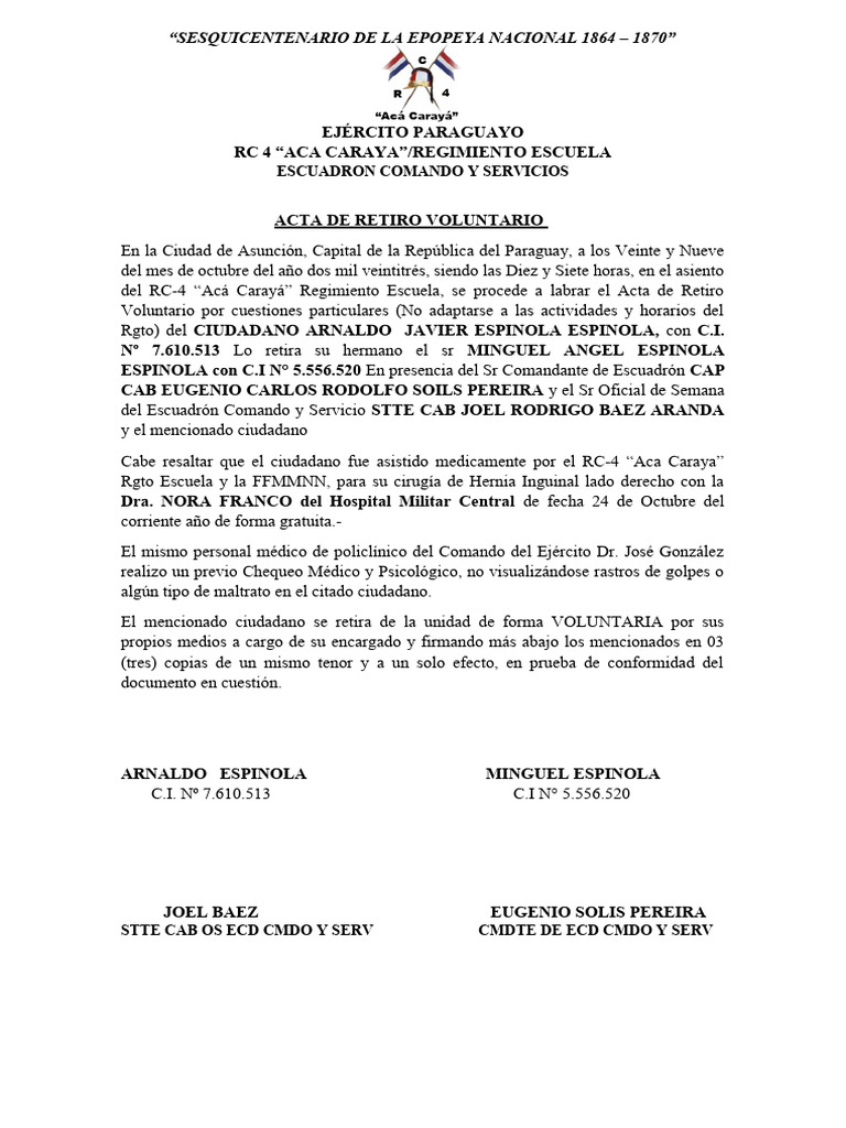 Acta de Retiro Voluntario Varela | PDF | Militar