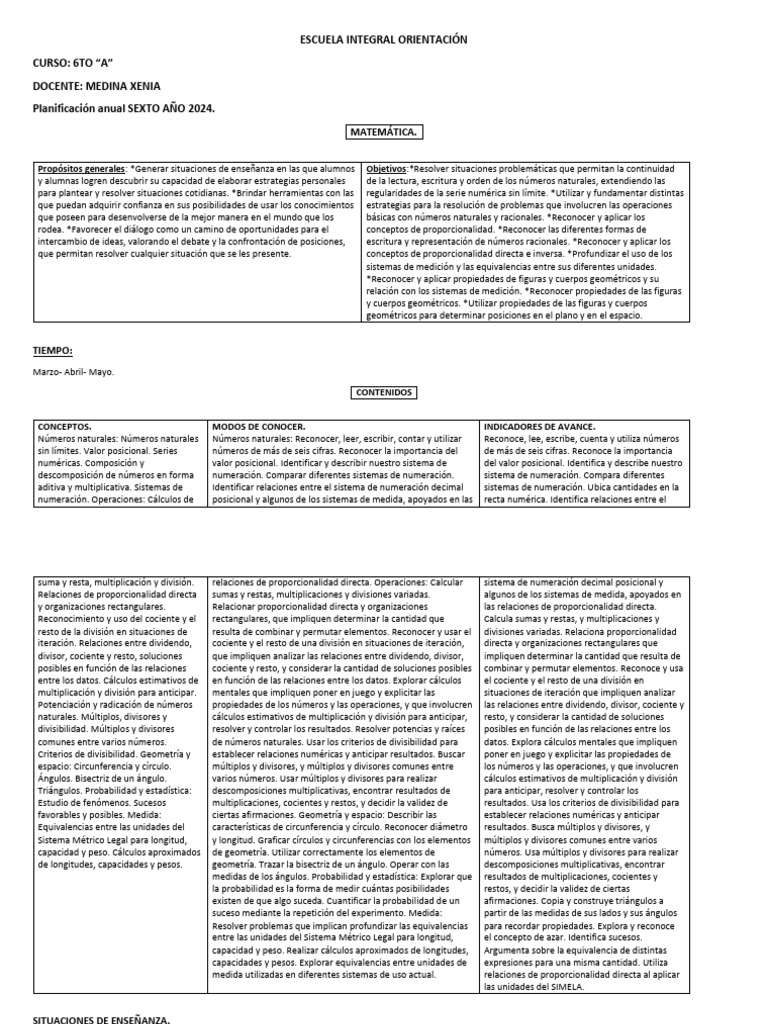 Planificación Anual Sexto AÑo 2024 Pdf Números División Matemáticas 6723