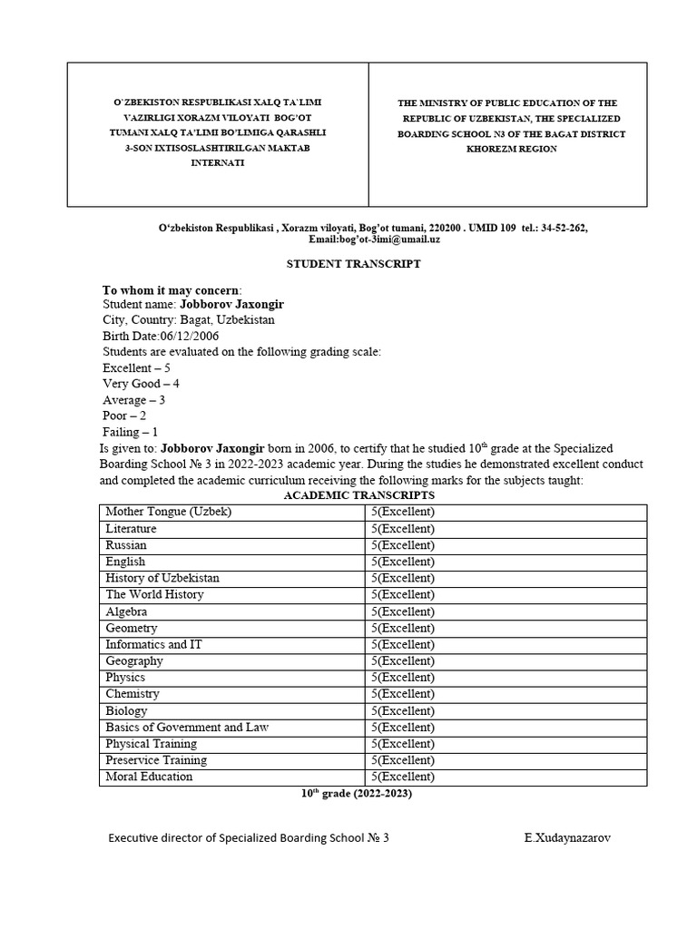 10th Grade Academic Transcript | PDF | Educational Stages