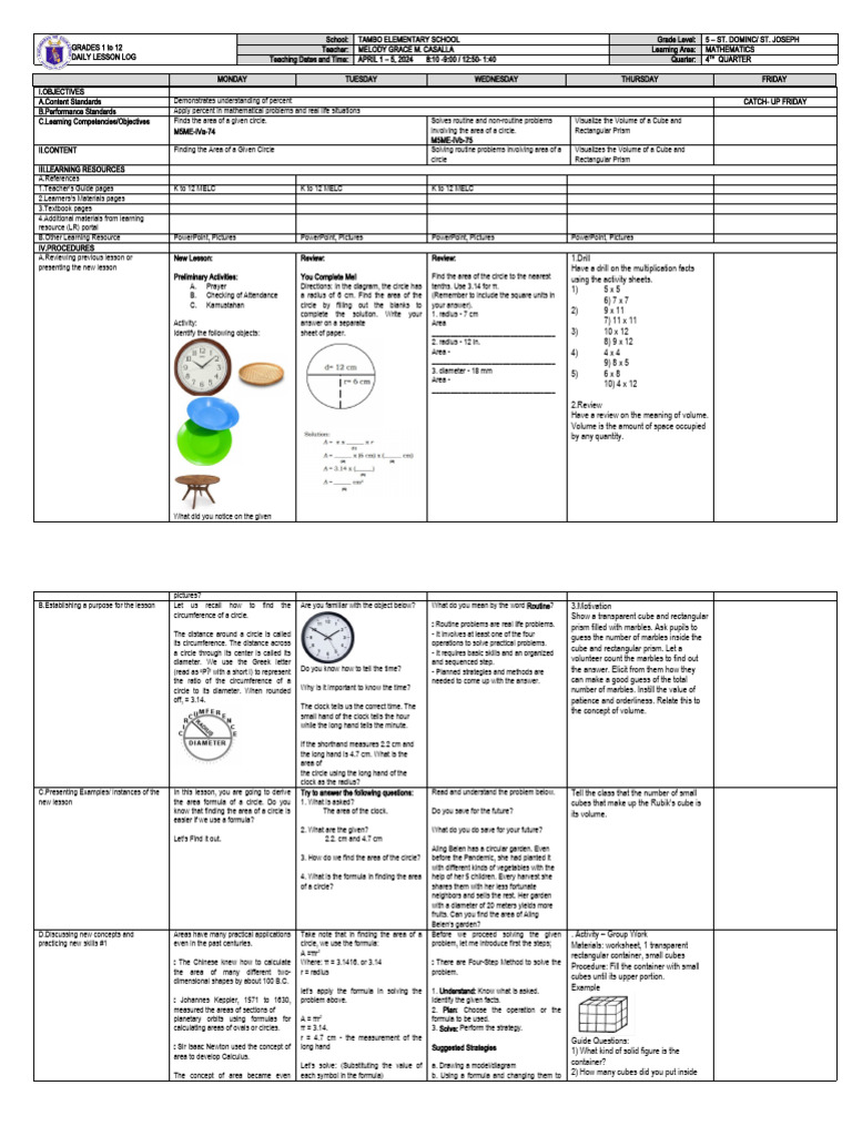 Dll Mathematics 5 q4 w1 | PDF | Area | Circle