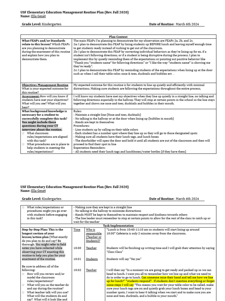 Usf l1 Management Routine Plan | PDF | Classroom | Behavior Modification