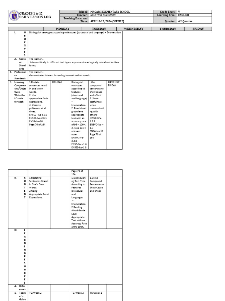 Grade 5 DLL English 5 Q4 Week 2 | PDF | Reading Comprehension | Linguistics