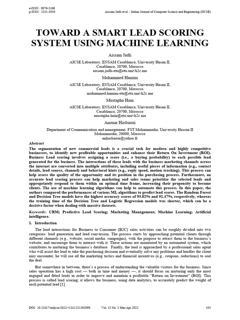 Toward A Smart Lead Scoring System Using ML | PDF | Machine Learning ...