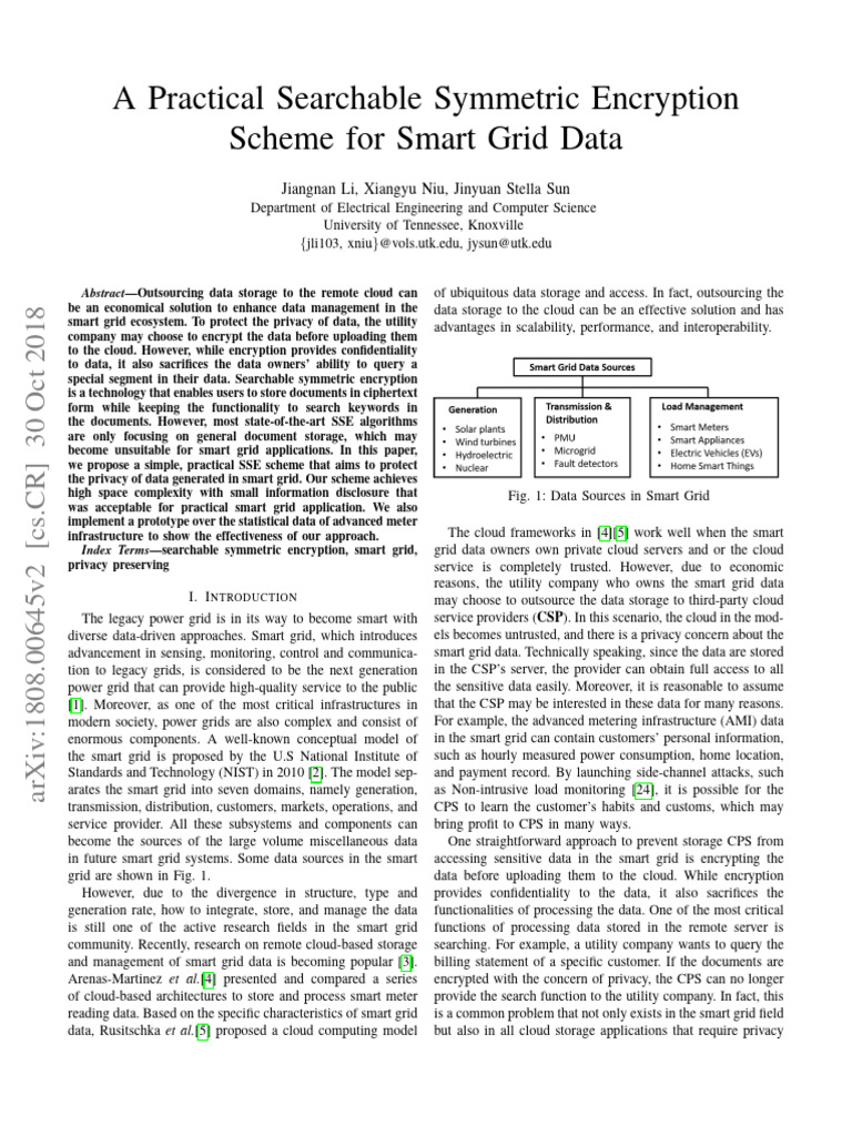 A Practical Searchable Symmetric Encryption Scheme For Smart Grid Data | PDF | Smart Grid ...