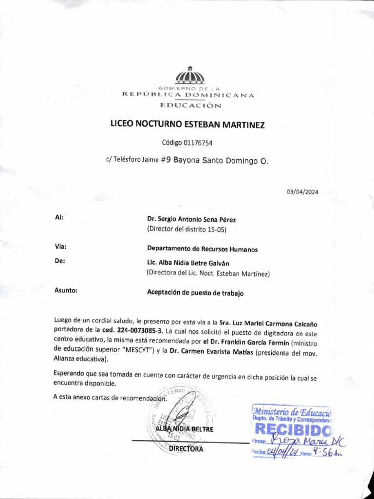 Recomensacion de Alba Nidia Directora. de Bayona0001 | PDF