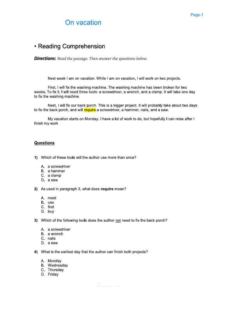 On Vacation - Comprehension | PDF