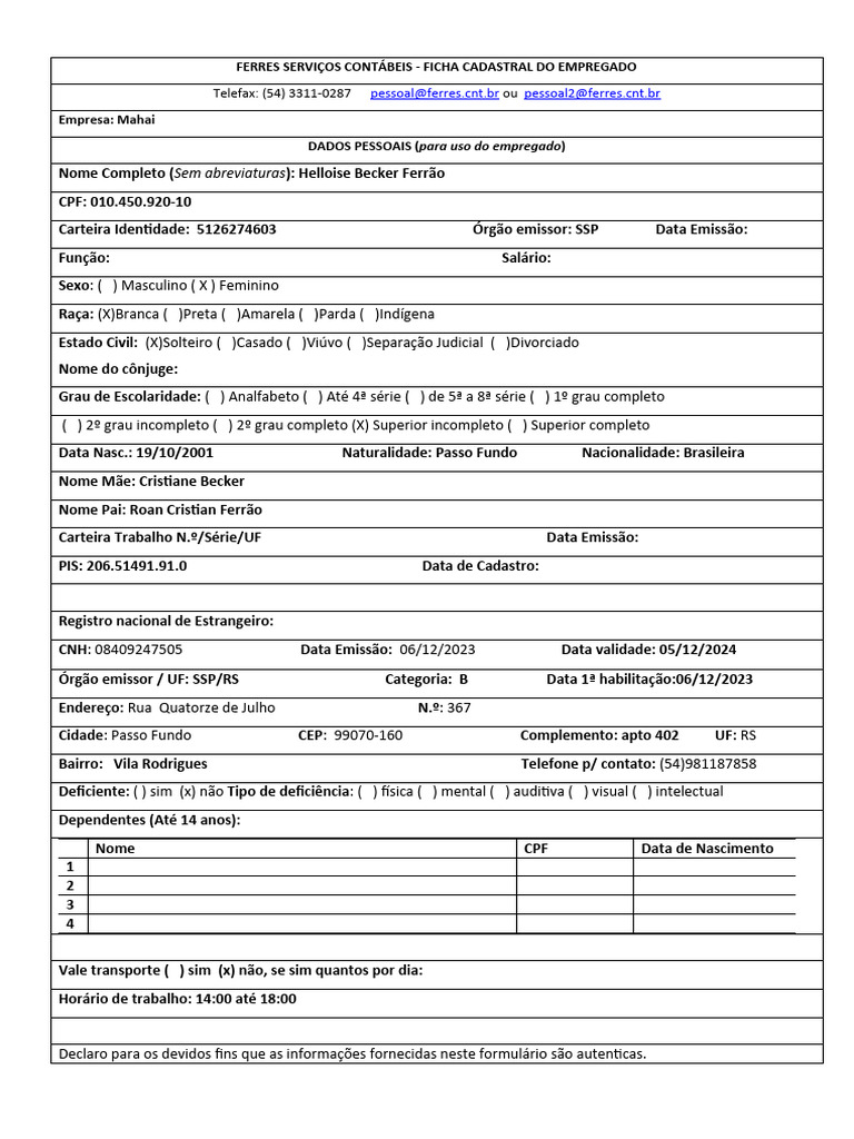 FICHA CADASTRAL DO EMPREGADO | PDF