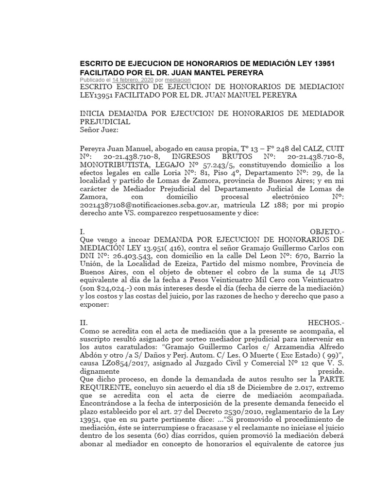 Ejecución de Honorarios Ley 13951 | PDF | Mediación | Justicia