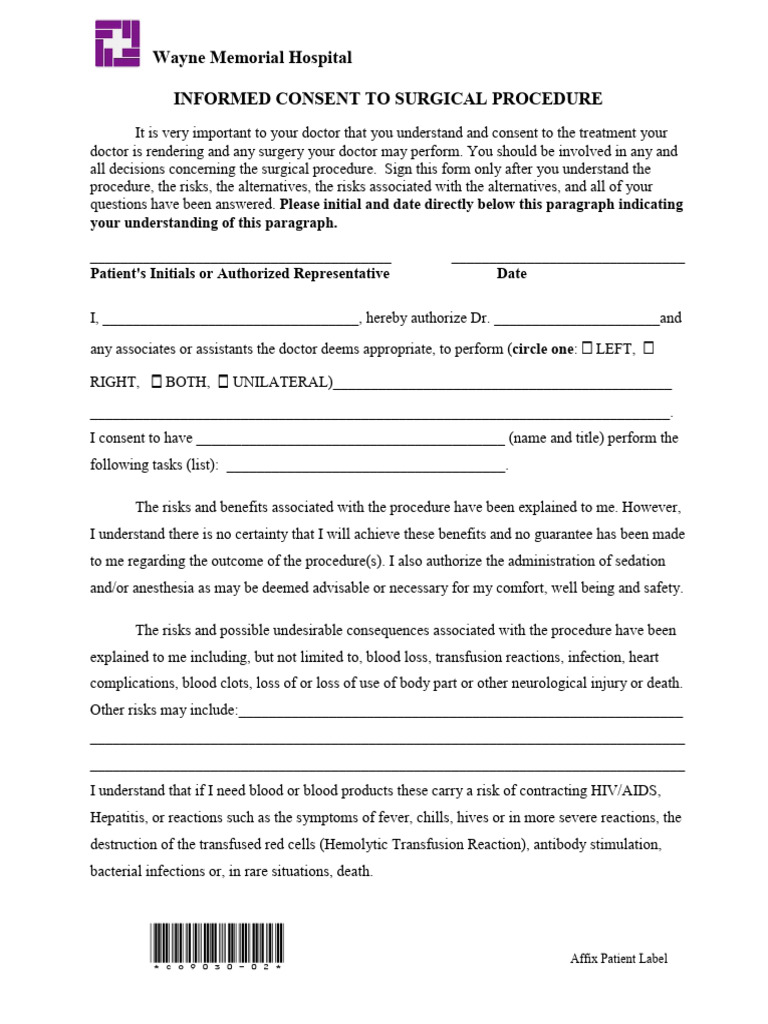 Surgery Consent Form | PDF | Surgery | Informed Consent