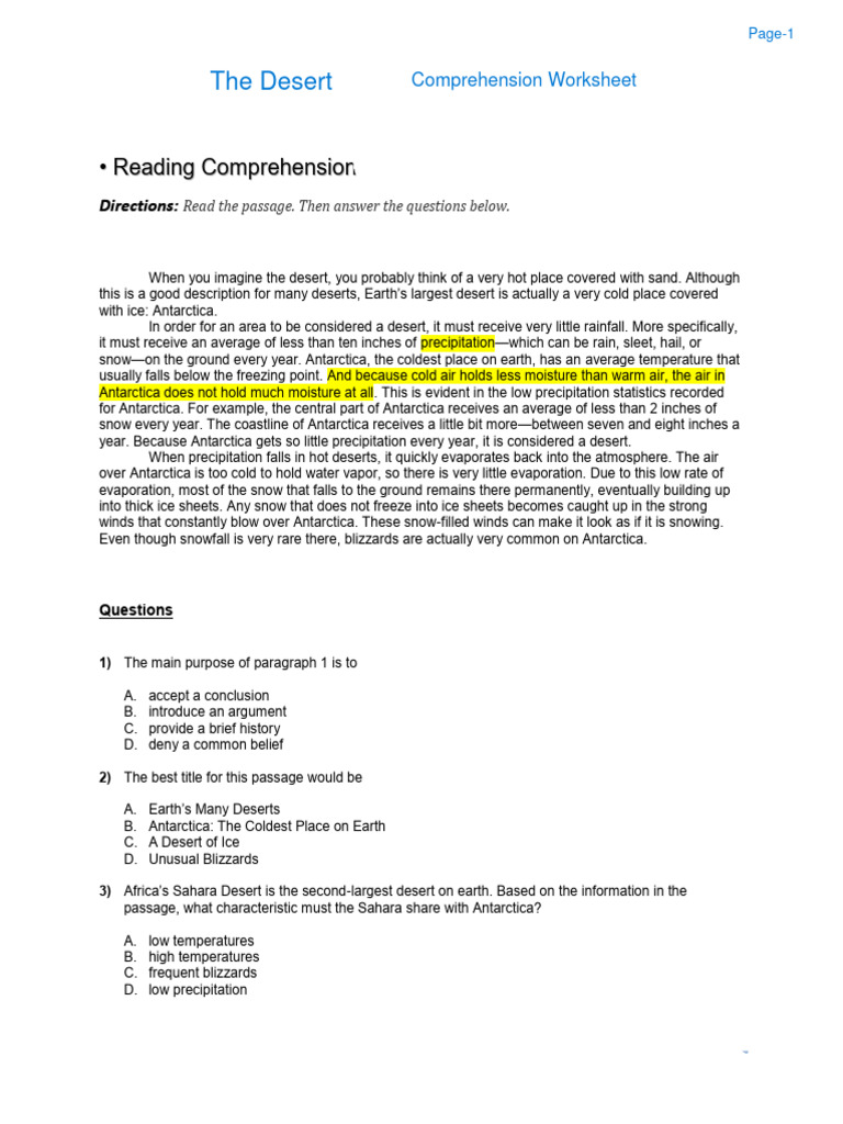 The Desert - Comprehension Worksheet | PDF | Desert | Precipitation