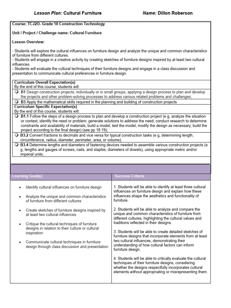 Cultural Furniture Lesson Plan - Tcj2o | Download Free PDF | Identity ...