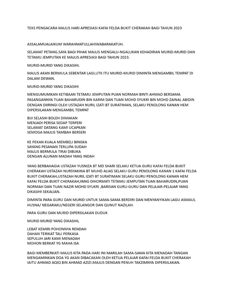 Teks Pengacara Majlis Hari Apresiasi Kafai Felda Bukit Cherakah Bagi ...