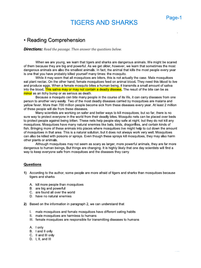 Tigers and Sharks - Comprehension | PDF