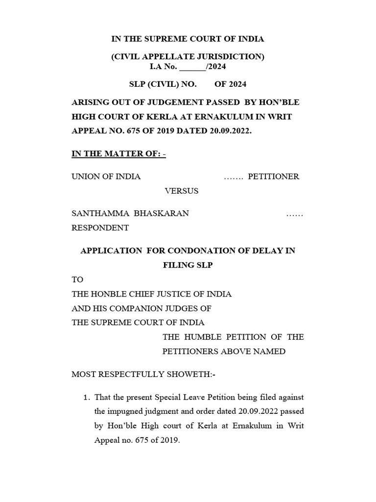 Condonation For Delay in Filing SLP With Details | PDF | Appeal ... Condonation For Delay in Filing SLP With Details | PDF | Appeal ...