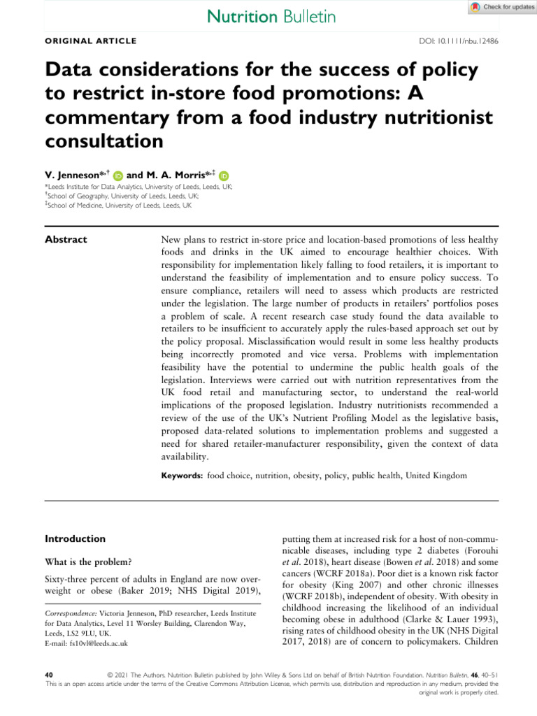 Nutrition Bulletin - 2021 - Jenneson - Data Considerations For The Success of Policy To Restrict ...