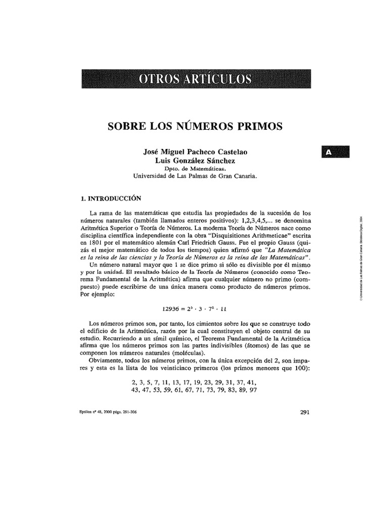 Sobre Los Números Primos: Miguel Pacheco Castelao Luis Gonzalez Sánchez ...